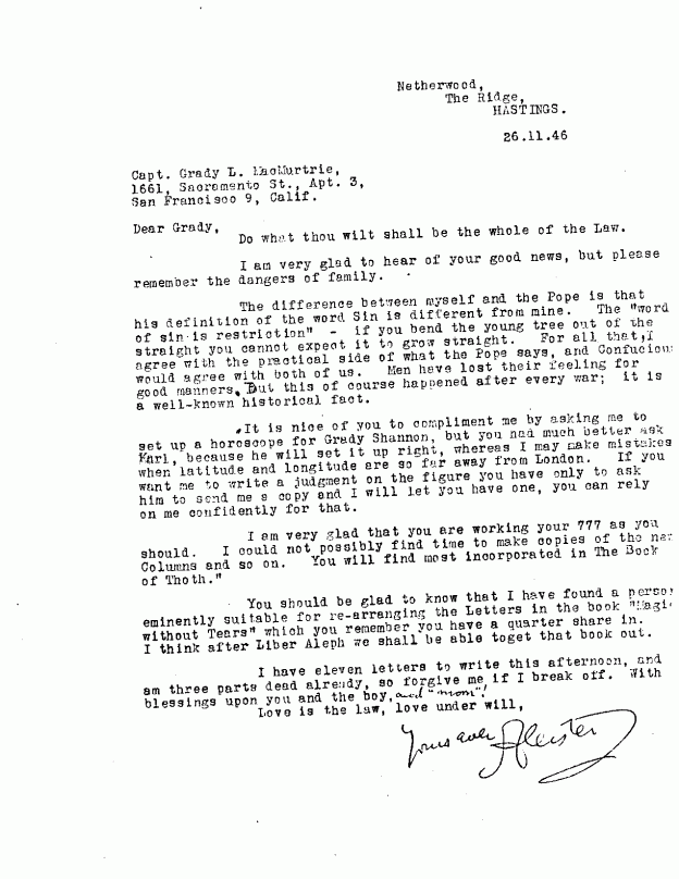 (11/26/1946) Aleister Crowley to Grady McMurtry | The Grady McMurtry ...